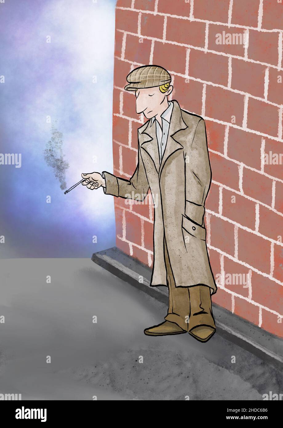 smoking working class man in a flat cap by a brick wall Stock Photo - Alamy
