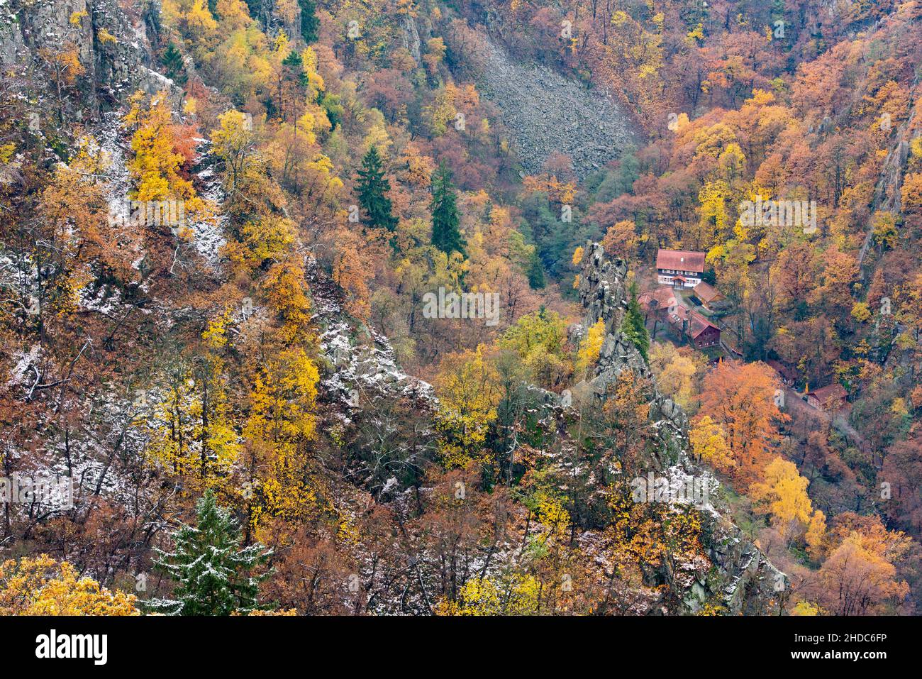 First snow on the autumnal slopes of the Bode Valley in the Harz ...