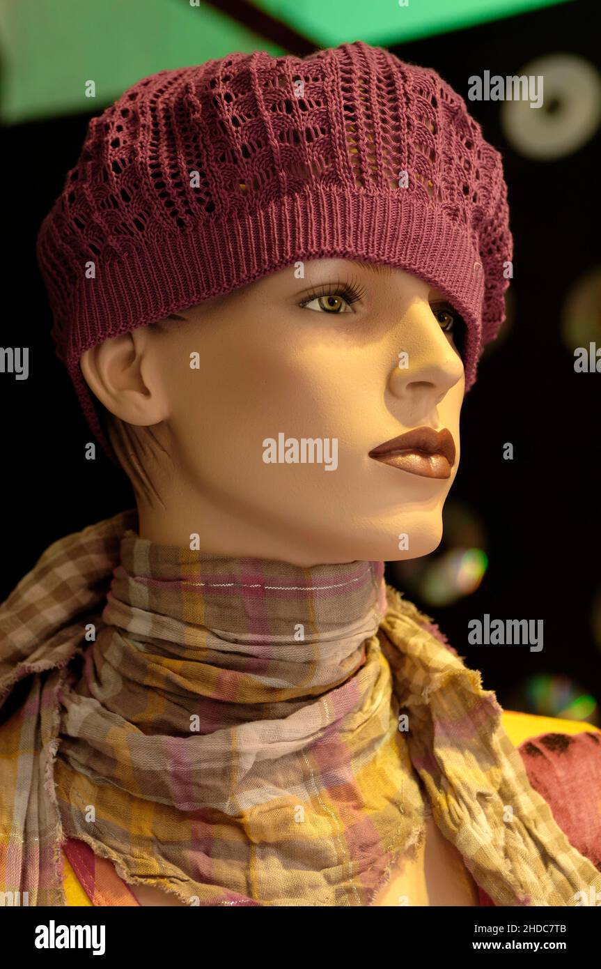 Female mannequin with knitted cap, Nuremberg, Middle Franconia, Bavaria ...
