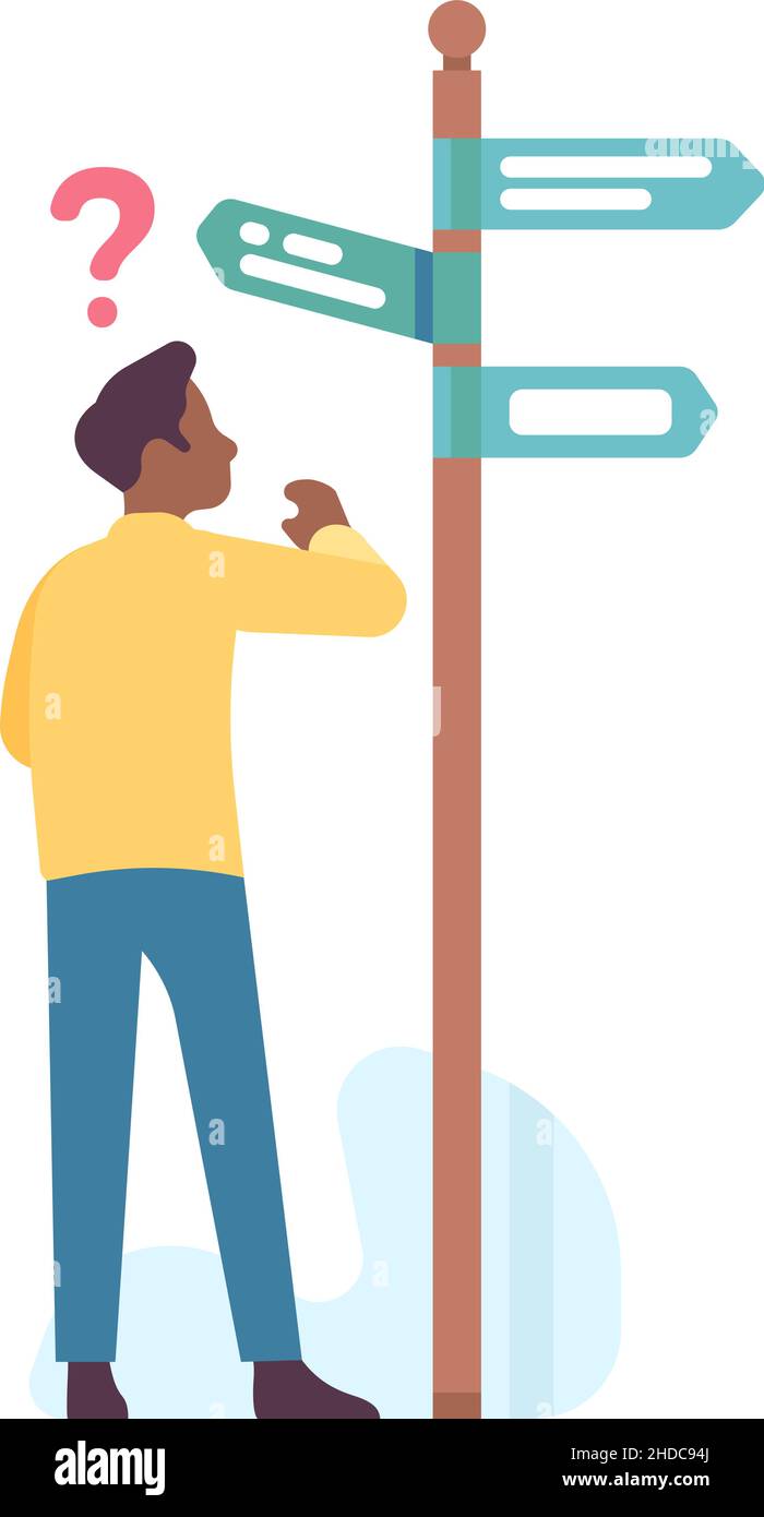 Man looking at signpost. Choosing right way concept Stock Vector Image ... Man looking at signpost. Choosing right way concept Stock Vector Image ...