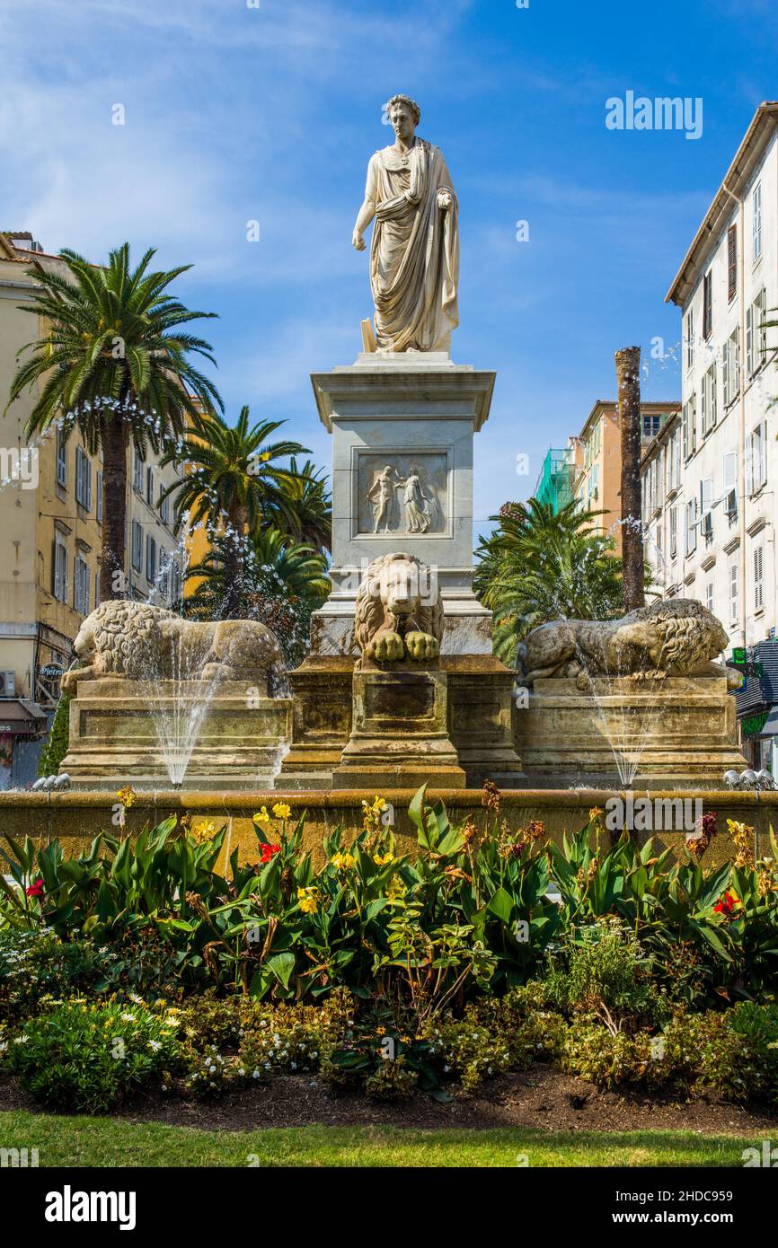 Statue of Napoleon, in the middle of a lion fountain at Place Foch, Ajaccio, Corsica, Ajaccio ...