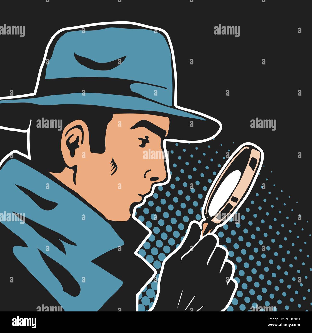 Male detective with a magnifying glass in his hand. On the head is a ...