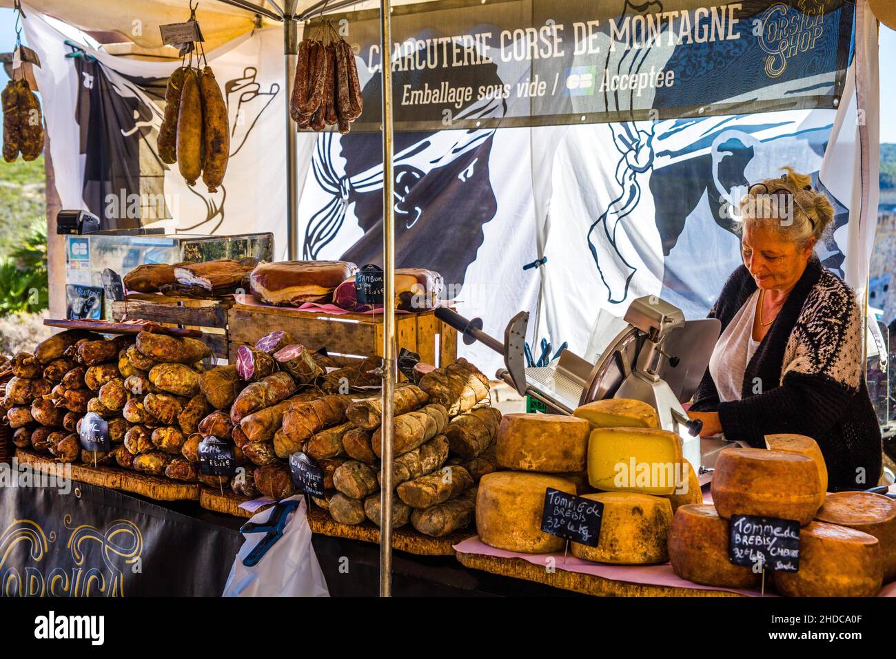 Sausage and cheese market stall, Old Town, Ville Haute, Bonifacio ...