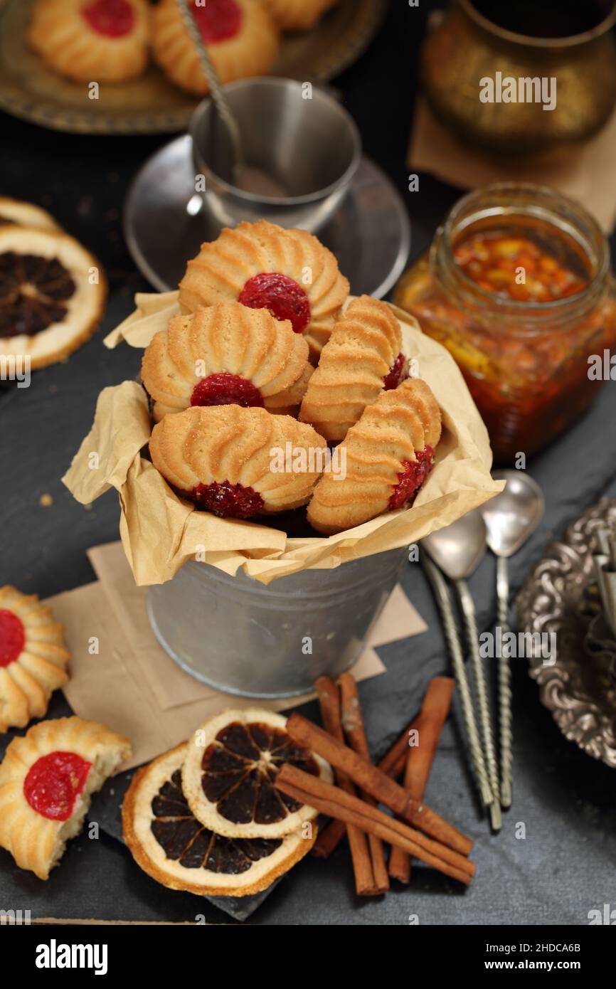 Still life with kurabie cookies on a black background Stock Photo - Alamy