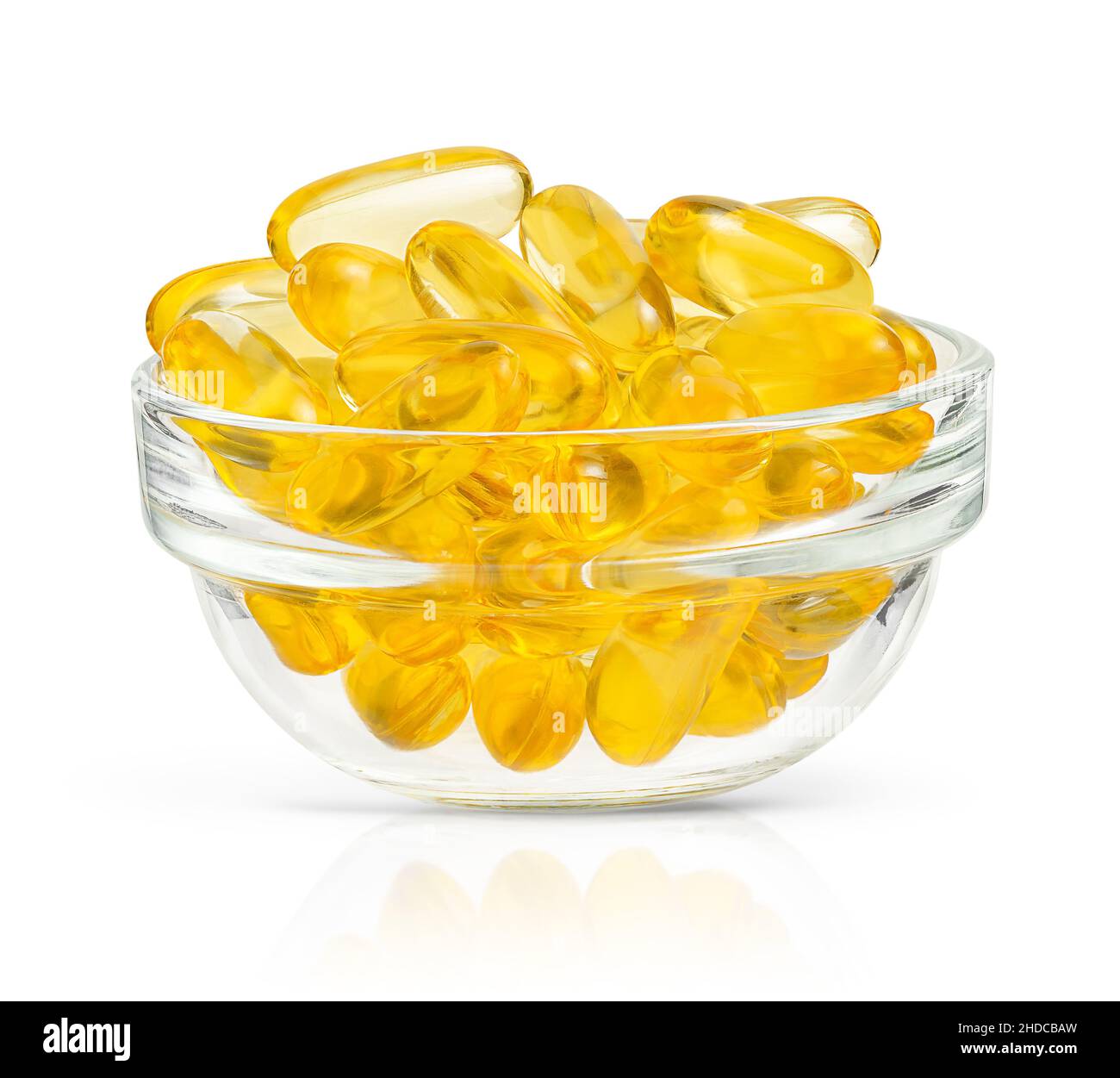 Transparent bowl of Omega 3 soft gel capsules isolated with clipping ...
