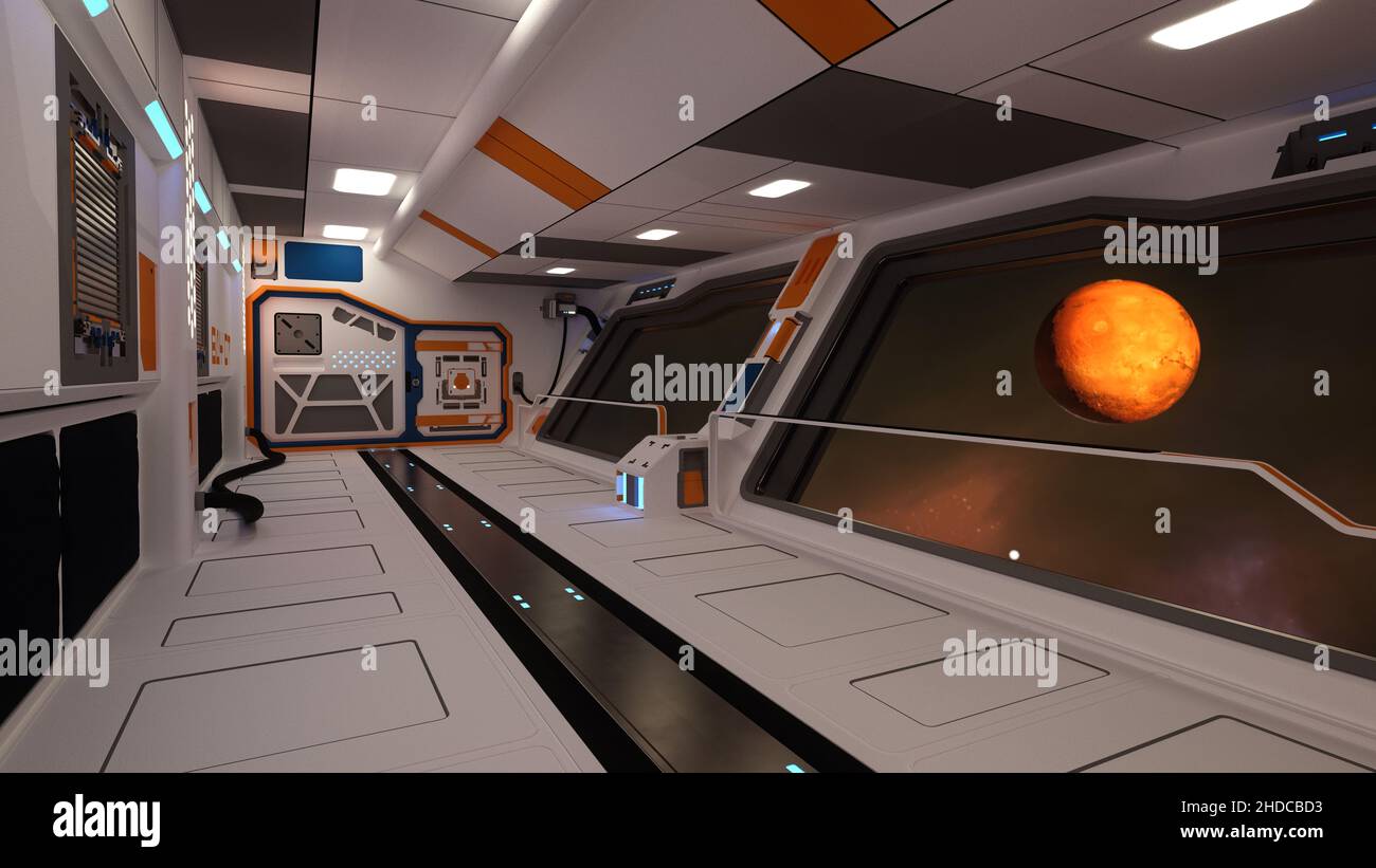 3D illustration of a view of the red planet Mars through the window of ...