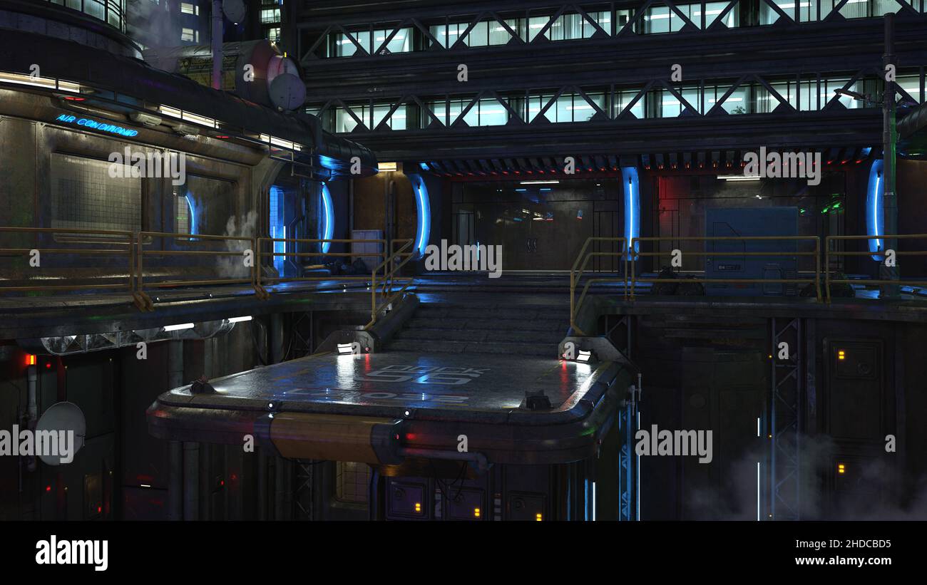 Dark moody night scene in a futuristic cyberpunk city center with high ...