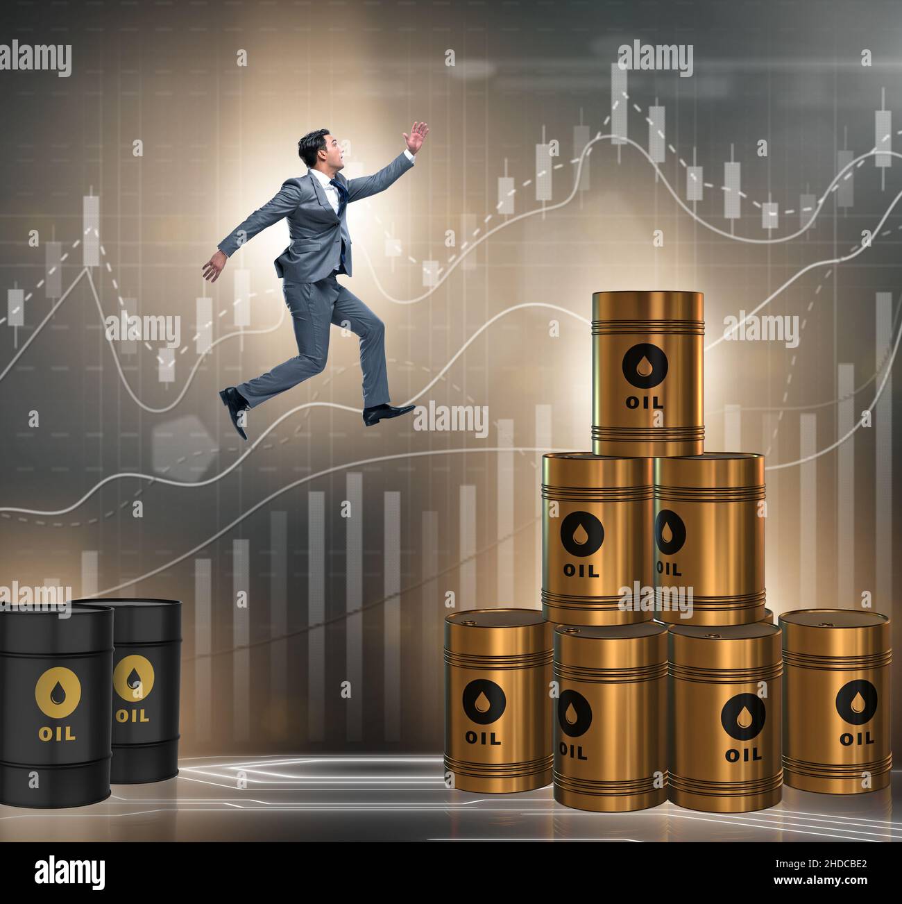 The businessman jumping from stack of oil barrels Stock Photo - Alamy