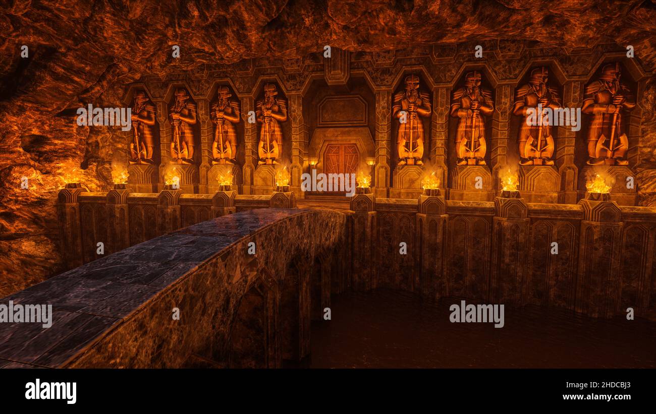 A bridge over an underground river leads to a fantasy castle entrance ...