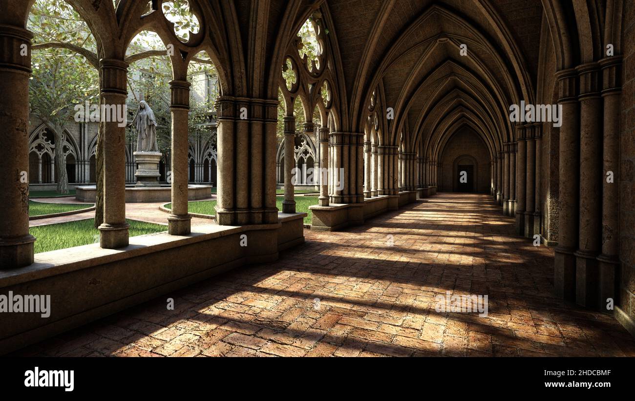 3D illustration of a gothic medieval cloisters and courtyard Stock ...