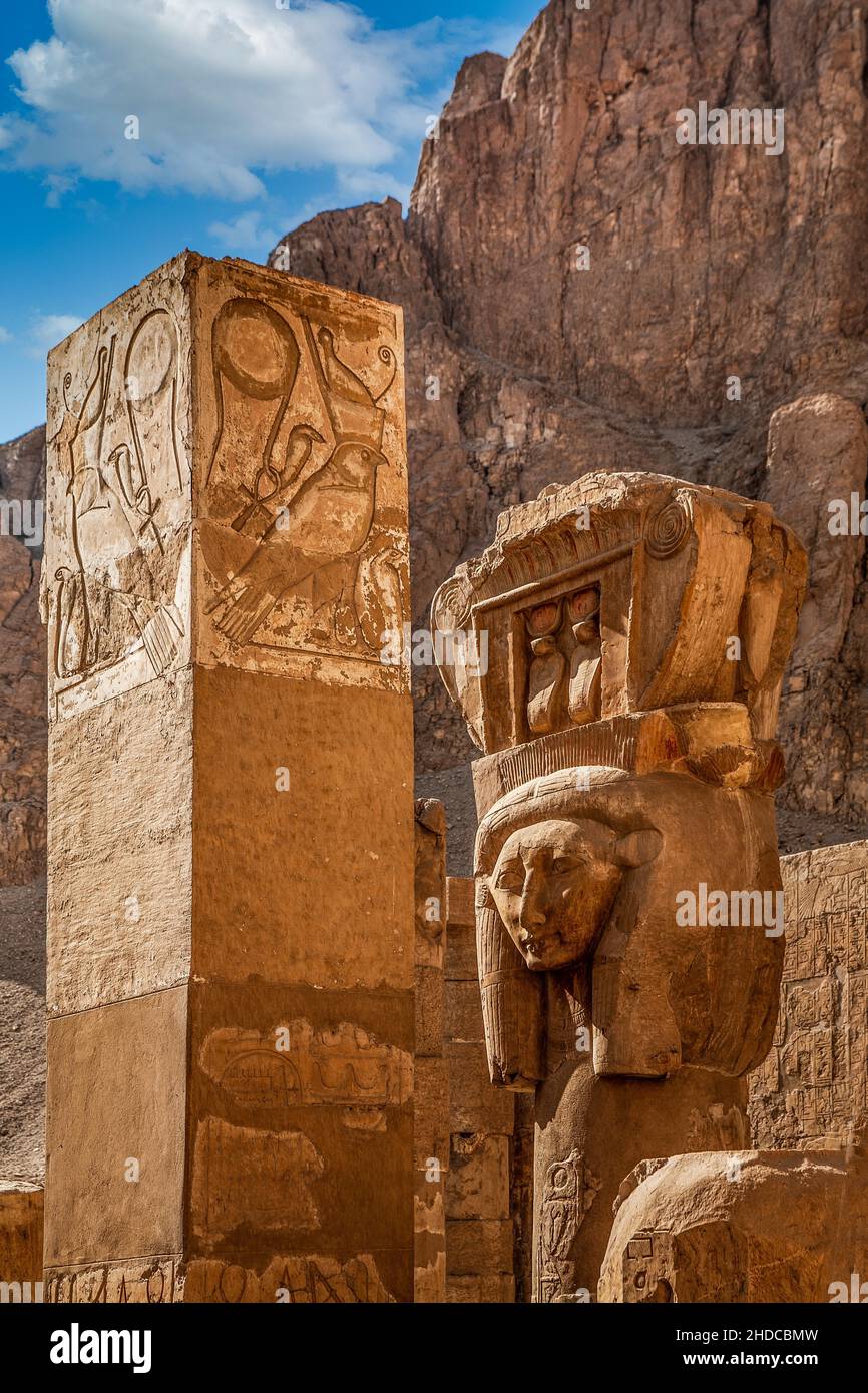 Hathor capital of a pillar in the temple of Hathor, face of a woman ...