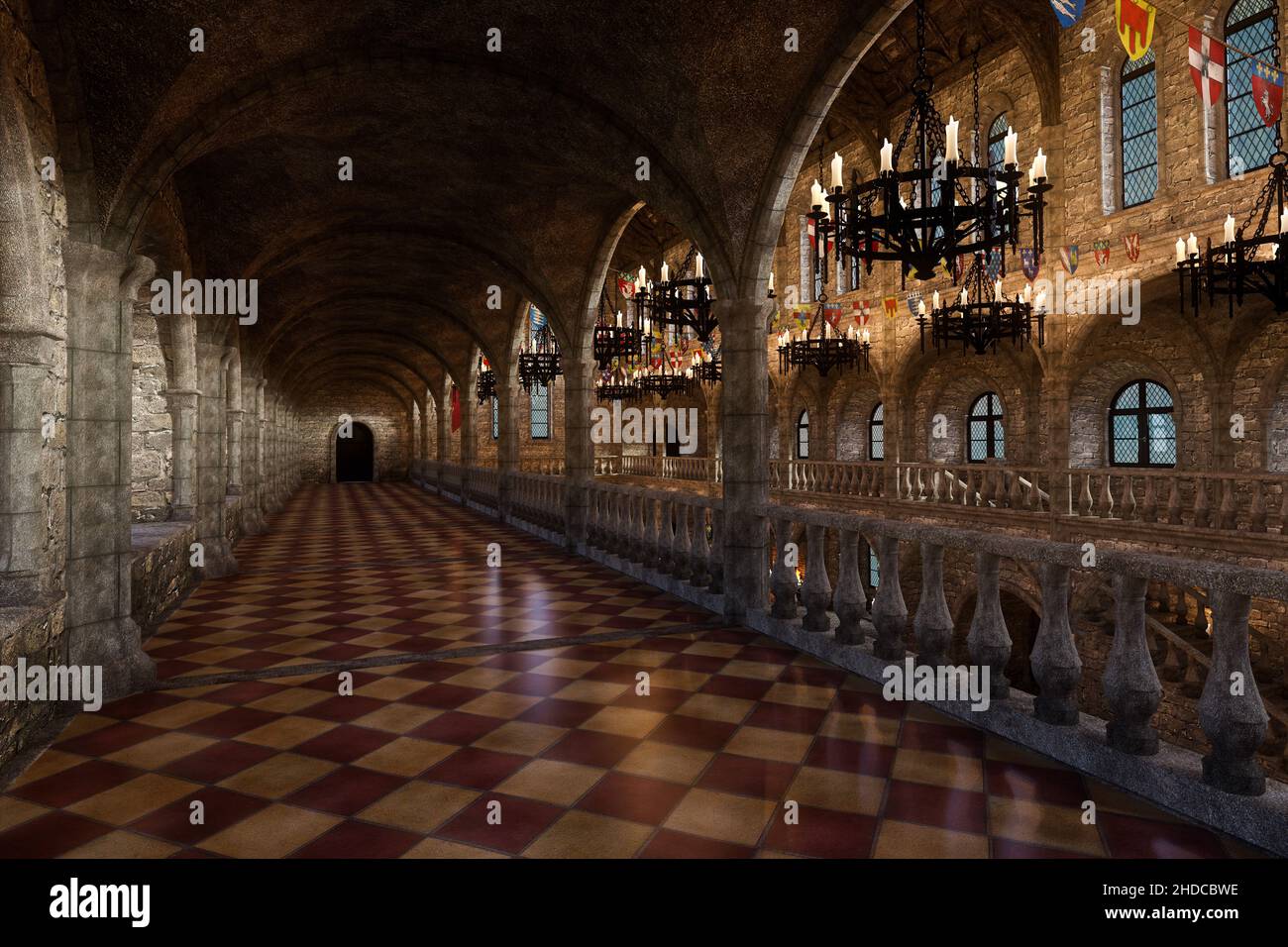 Long balcony with tiled floor overlooking the great hall in a medieval ...