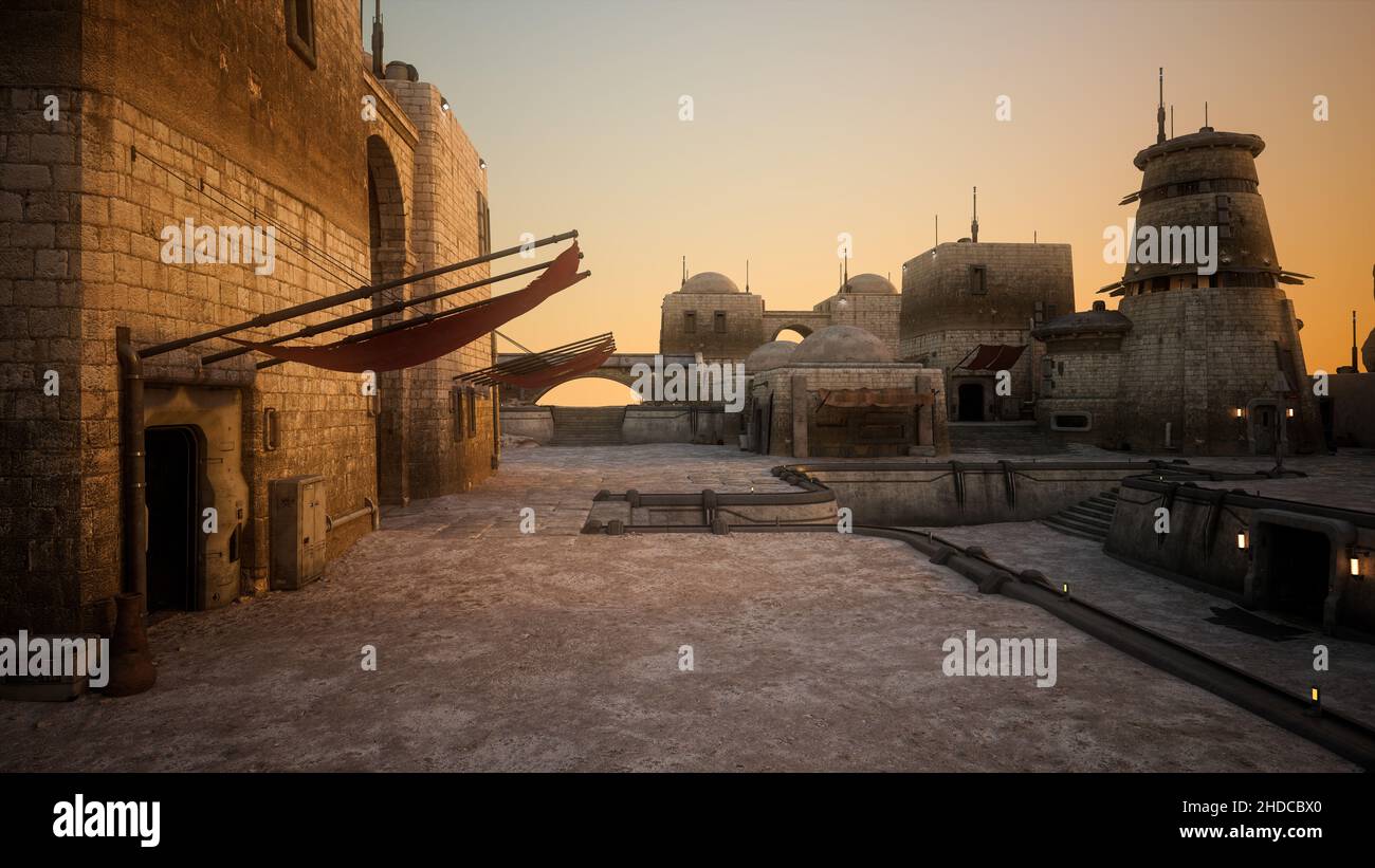 3D rendering of a settlement outpost on a fictional alien planet ...