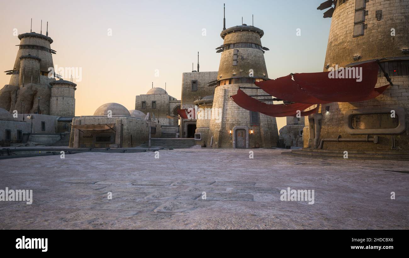 3D illustration of an alien outpost on a fictional planet. Futuristic ...
