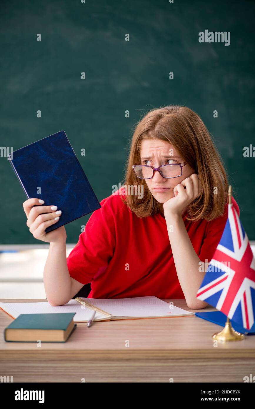 Female student preparing for exams in the classroom Stock Photo - Alamy
