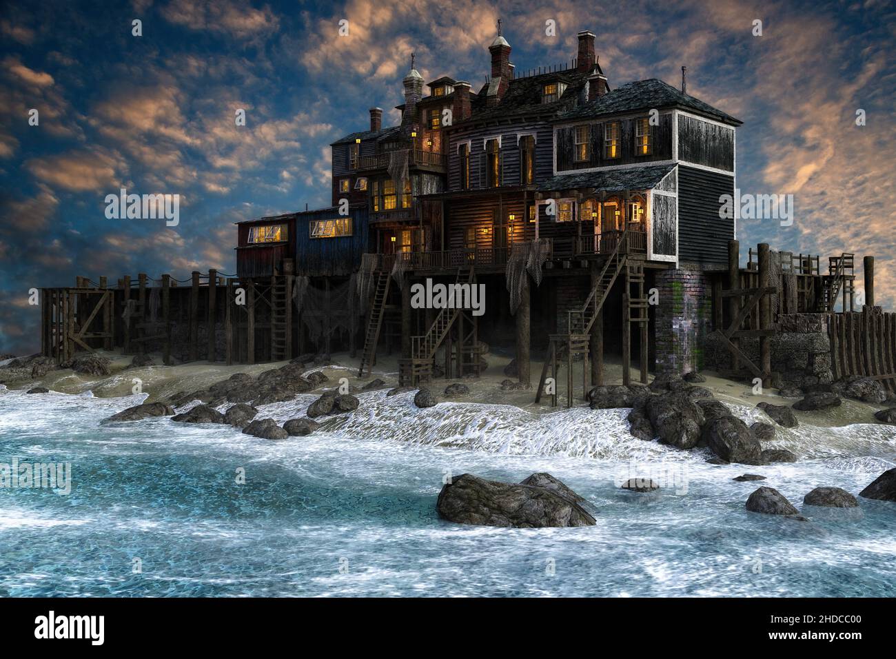 Moody dramatic sunset view of an old pirate village by the sea with ...