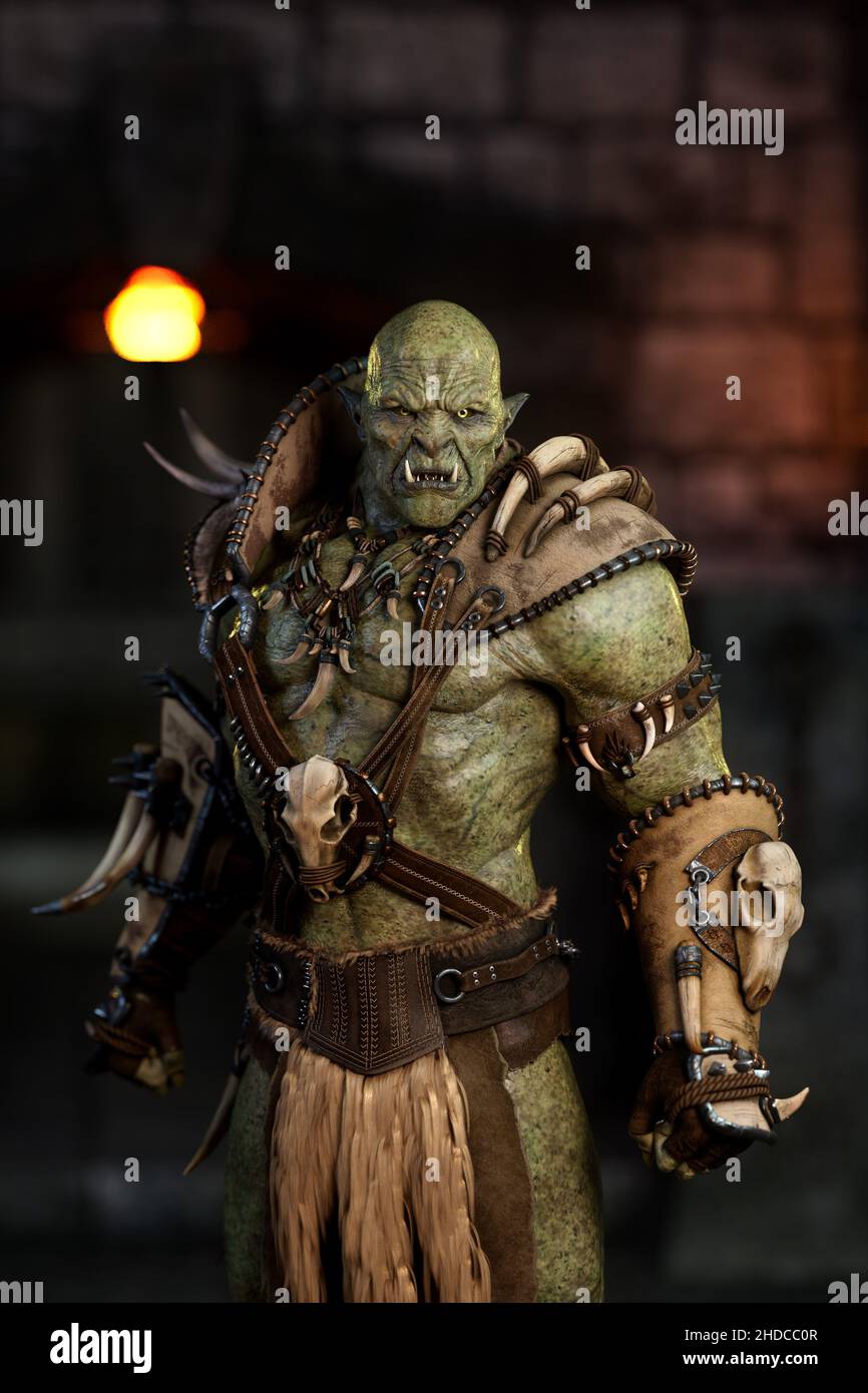 Portrait of a fantasy Orc warrior in barbarian battle armour in front ...