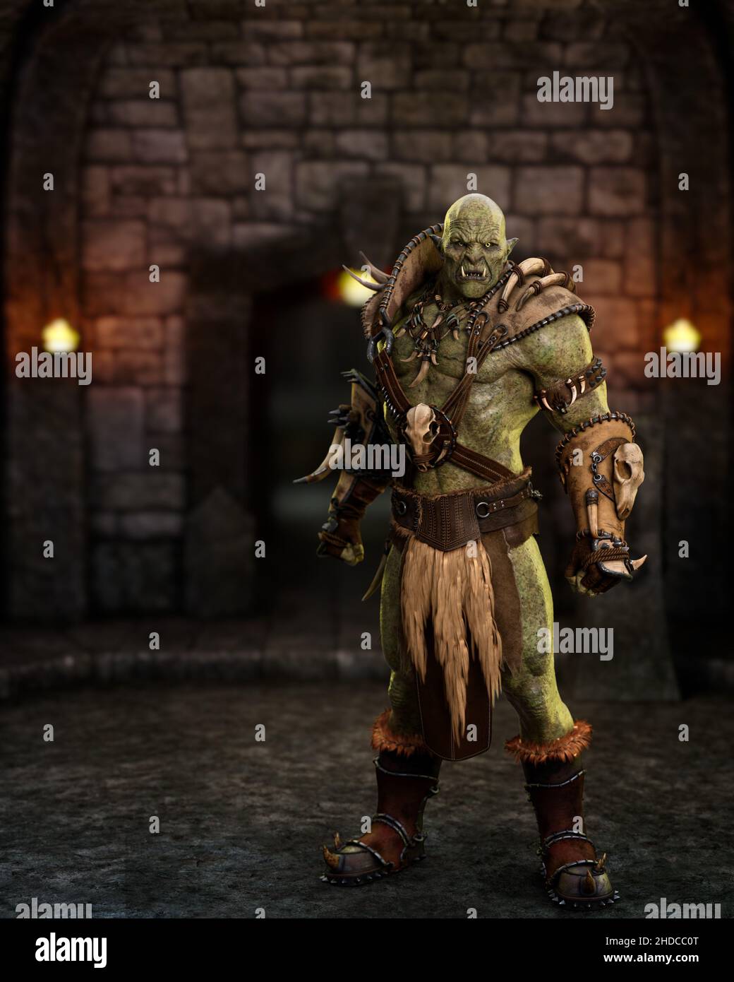 Full length portrait of an Orc fantasy creature standing in aggresive ...