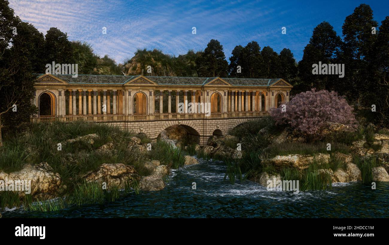3D illustration of a large old fantasy bridge with roof and columns ...