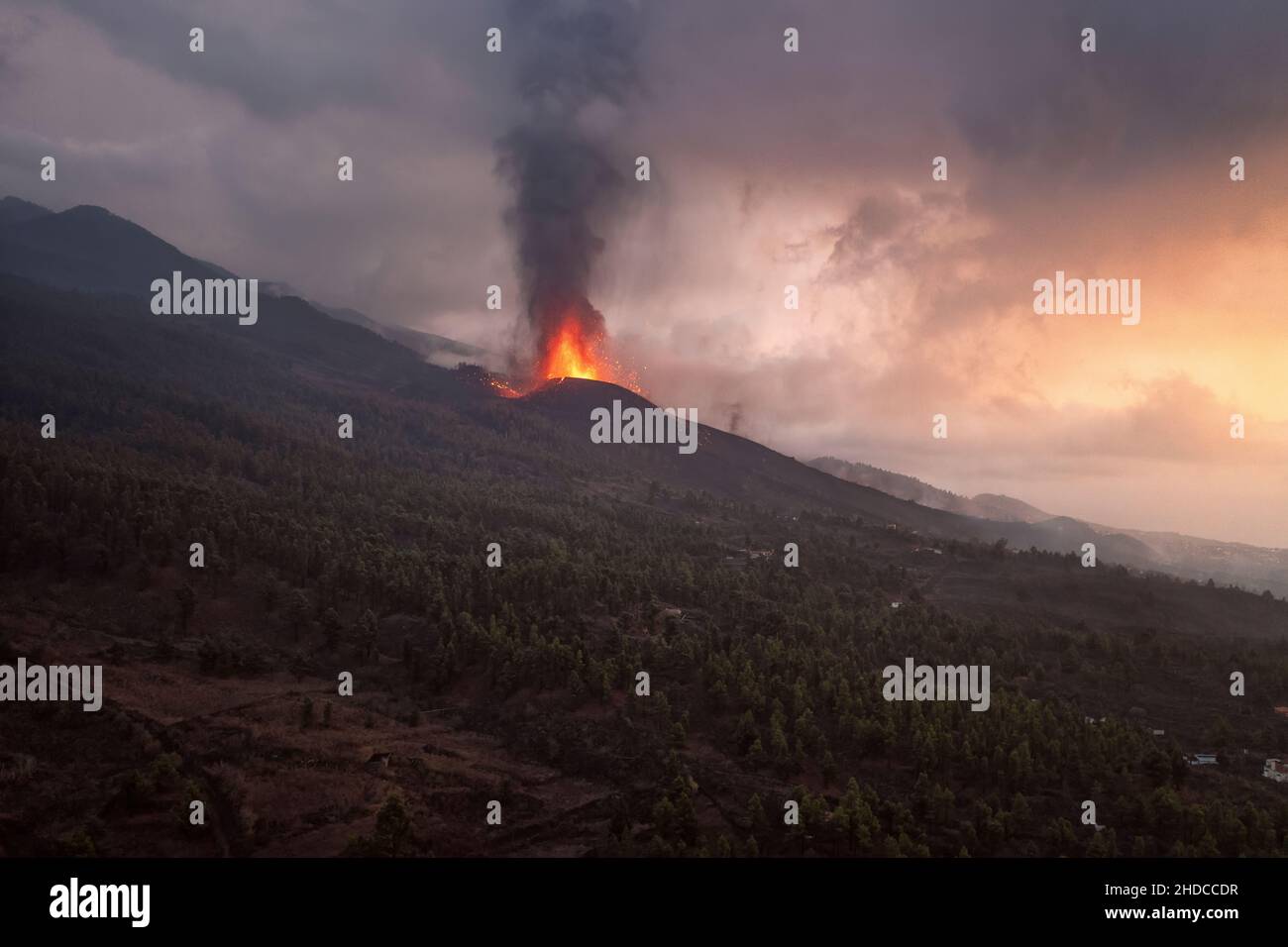 Drone view volcano caldera and flowing lava Stock Photo - Alamy