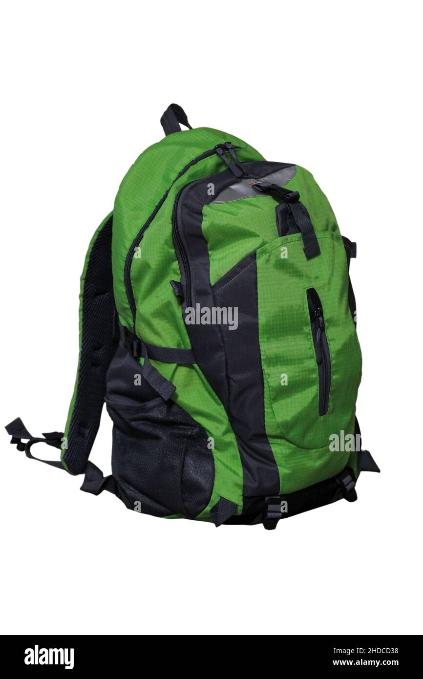 Green travel nylon backpack isolated on white Stock Photo - Alamy