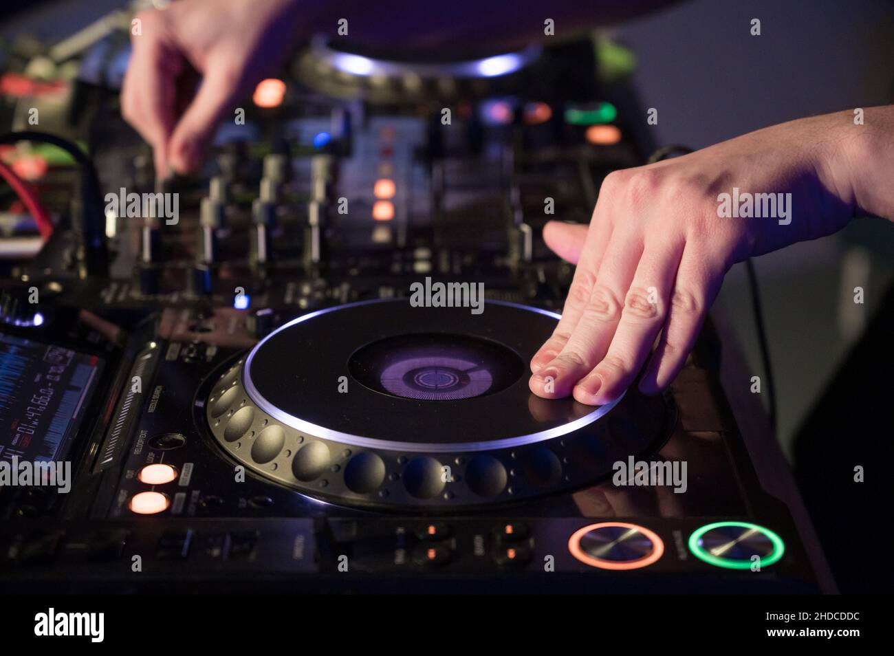 Close-Up of Dj Mixer Controller Desk in Night Club Disco Party. DJ ...