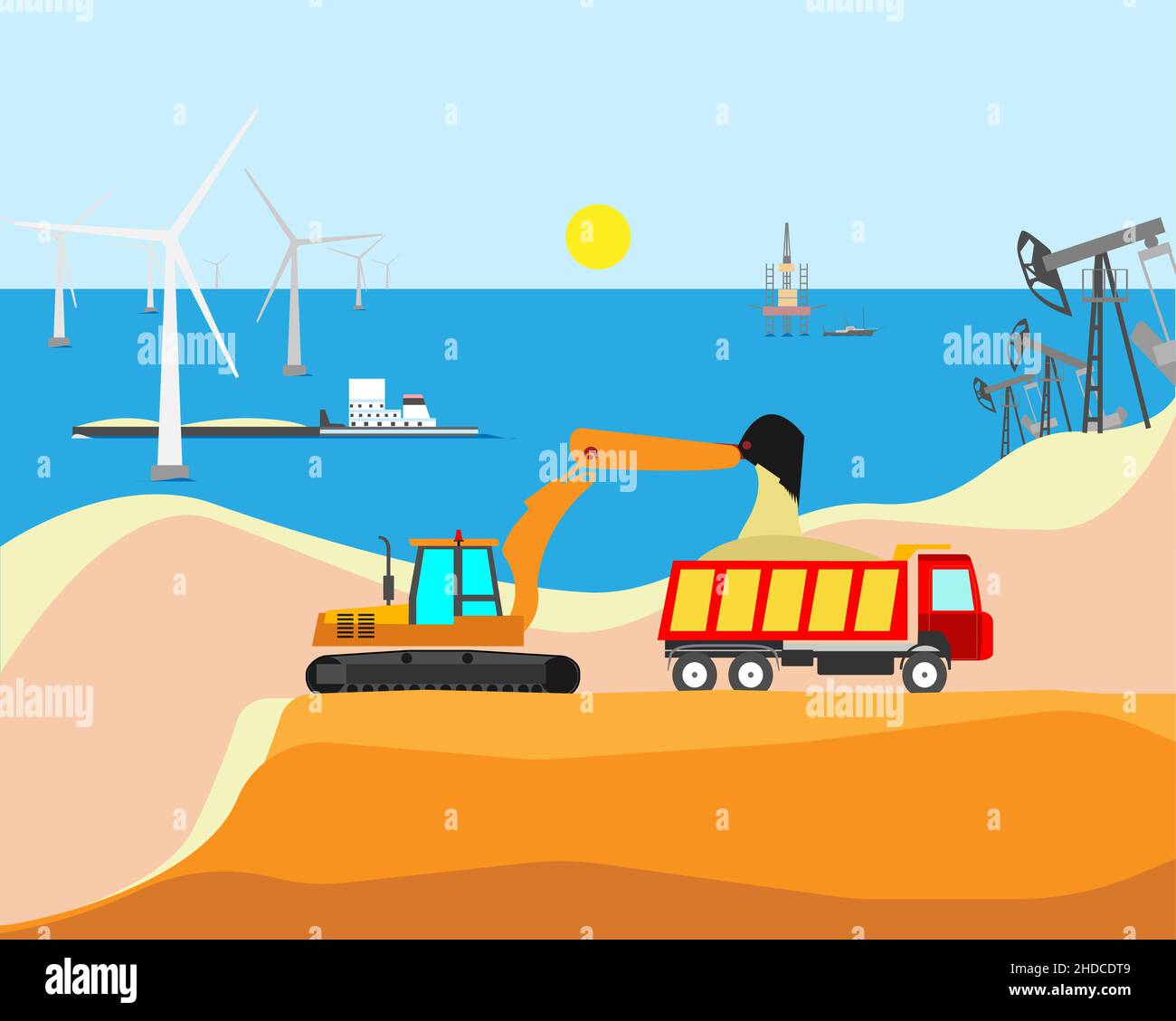 Mineral extraction illustration. Extraction of oil and sand. Wind power ...