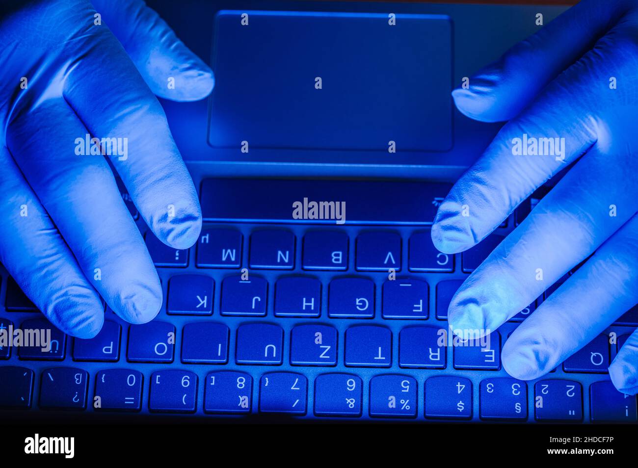 Doctor wearing protective gloves while working on computer Stock Photo ...