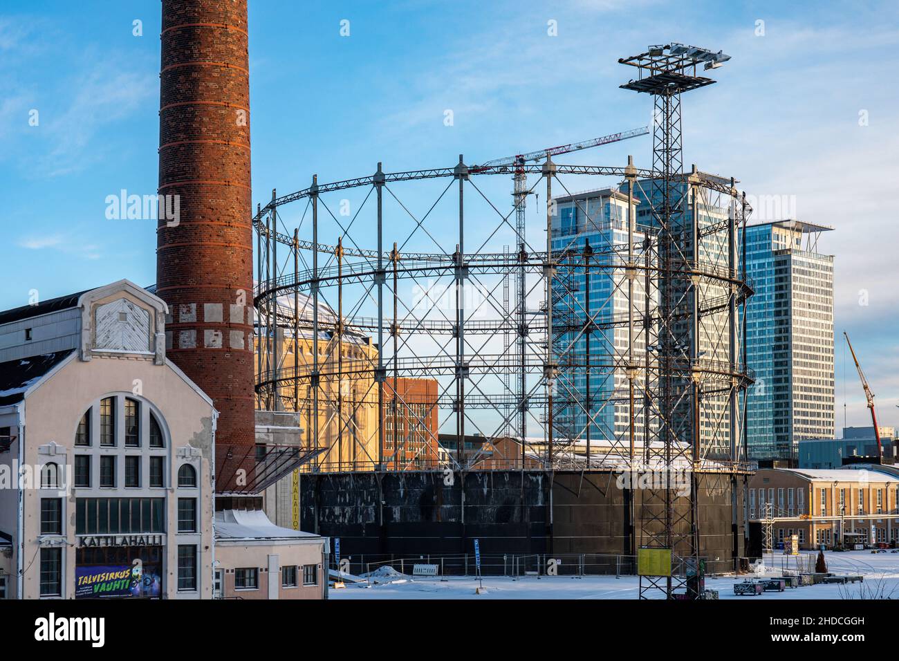 Old gas holder with Kattilahalli in front and Kalasatama high-rise ...