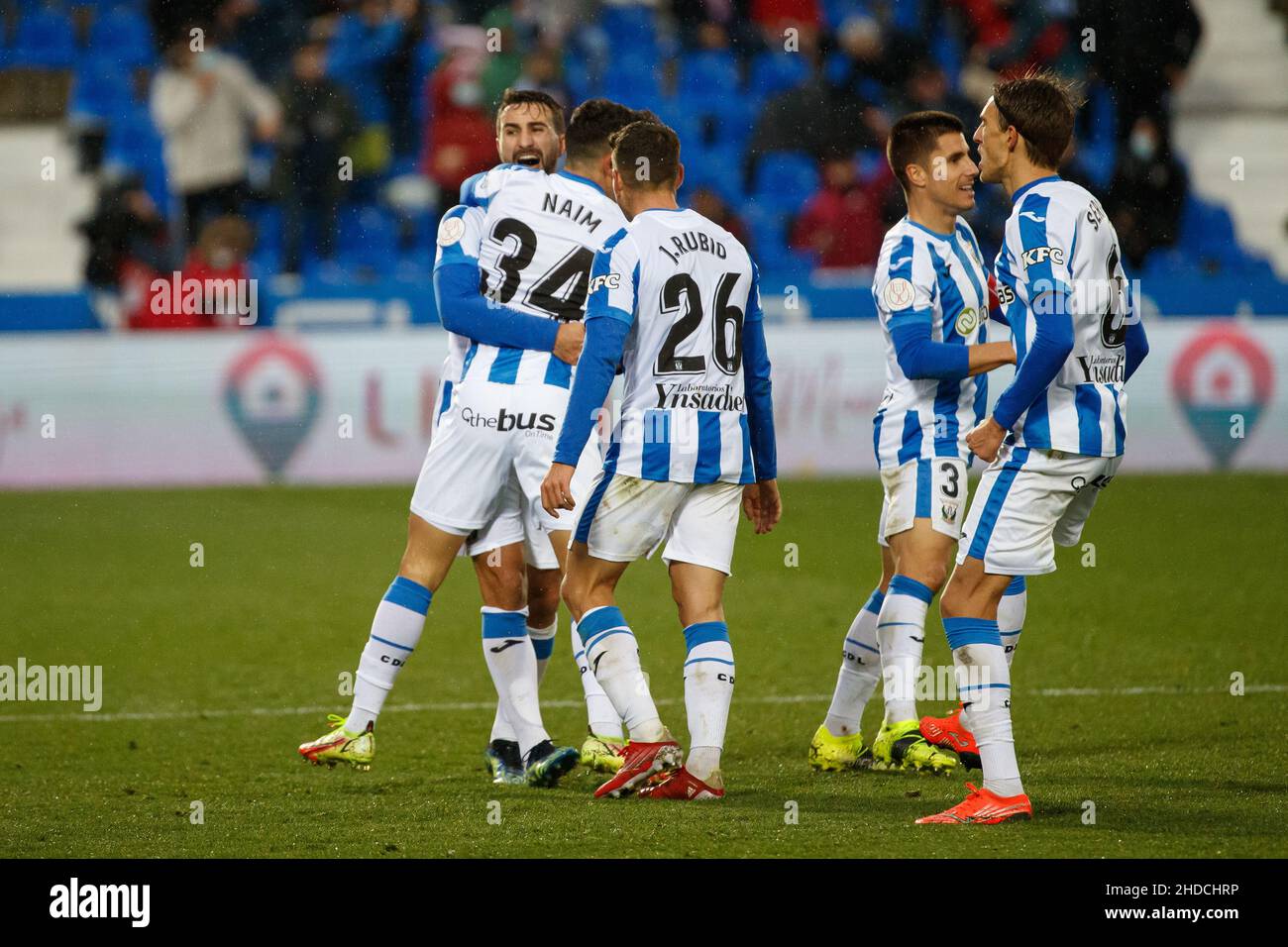 Players of CD Leganes celebrates a goal during the La Copa del Rey ...