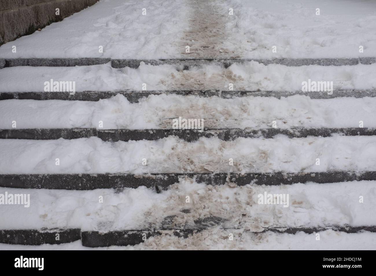 concrete stairs covered with snow, cold winter day Stock Photo - Alamy