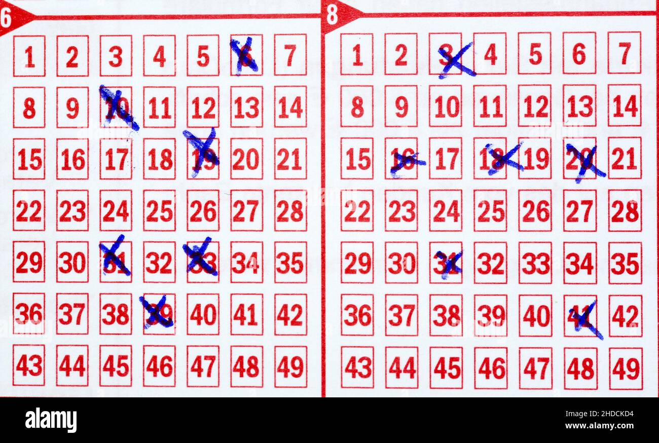 Ausgefüllter Lottoschein, 6 aus 49, Euro, Banknoten, Kugelschreiber ...