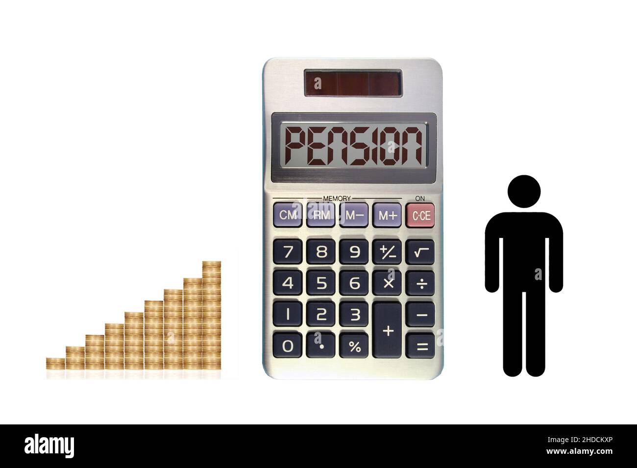 Taschenrechner zeigt Pension, Symbolbild, Münzstapel, Pensionär als ...