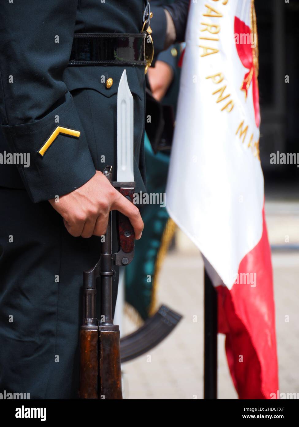 Peruvian police officer standing at attention with rifle and bayonet in ...