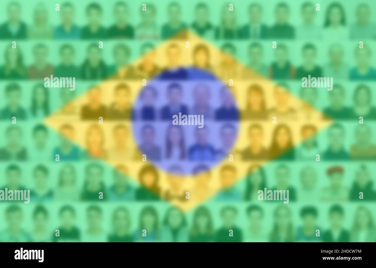Portraits of many people on the background of the flag of Brazil. The ...