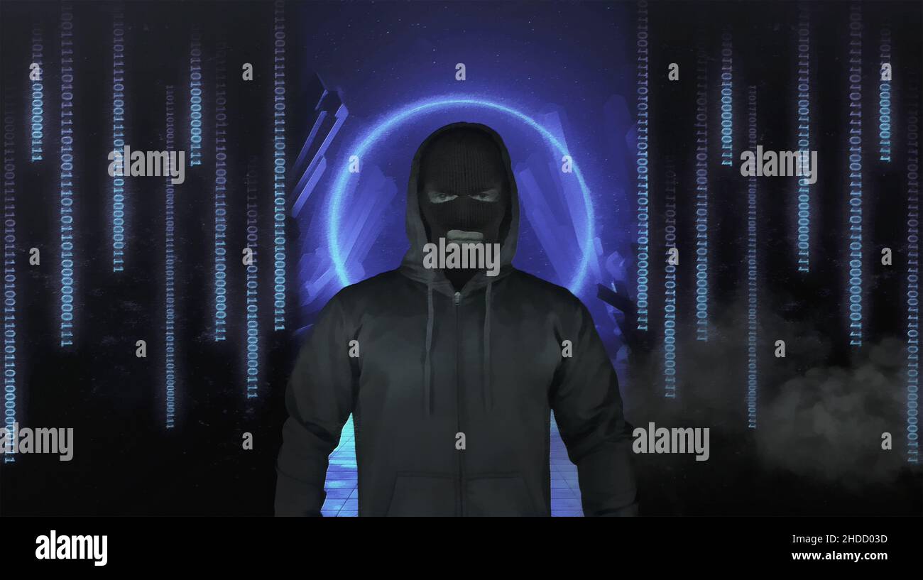 Hacker on a futuristic background. Virtual reality. Wide panoramic view ...