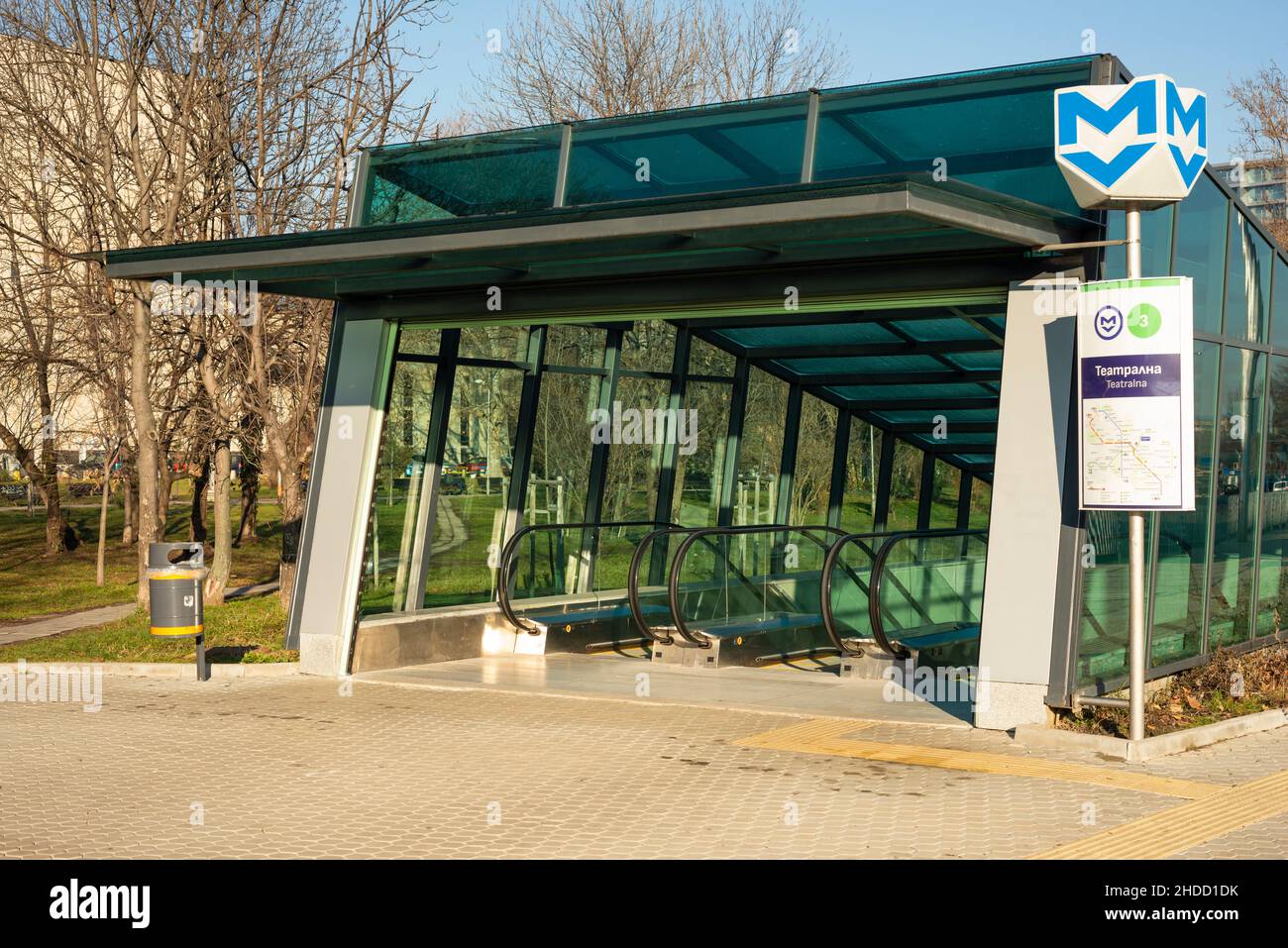 Sofia Bulgaria street view of typical aluminum and glass entrance to the underground tube or ...