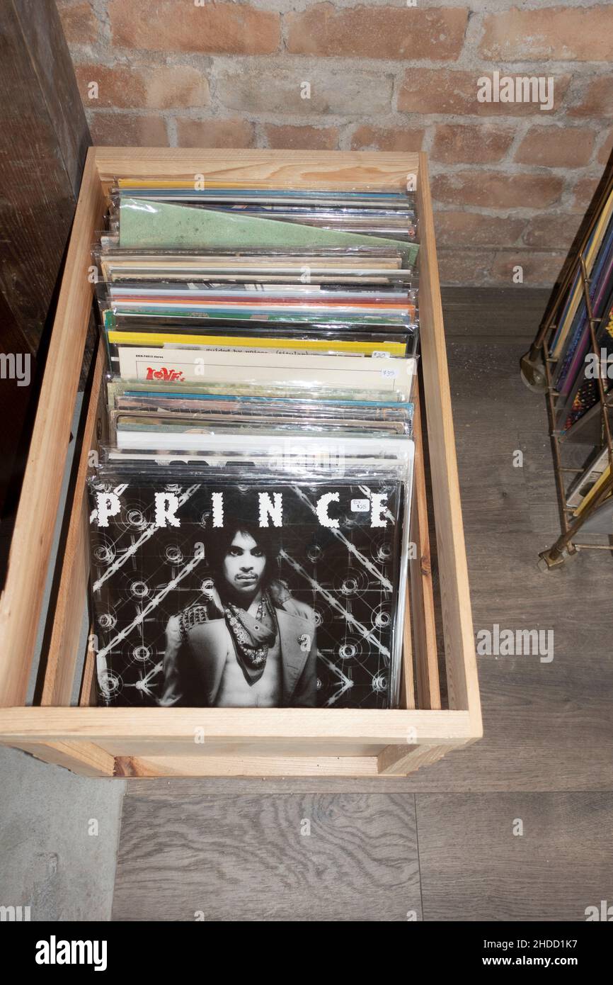Box of record albums with a Prince collectible cover in the Sunroom ...