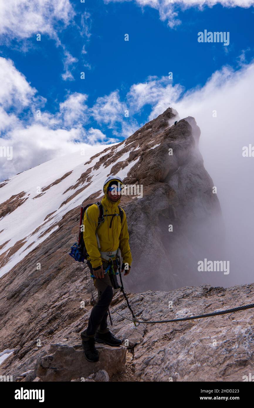 Ascent to Marmolada, Dolomites, Italy. The Marmolada Glacier. Tourist ...