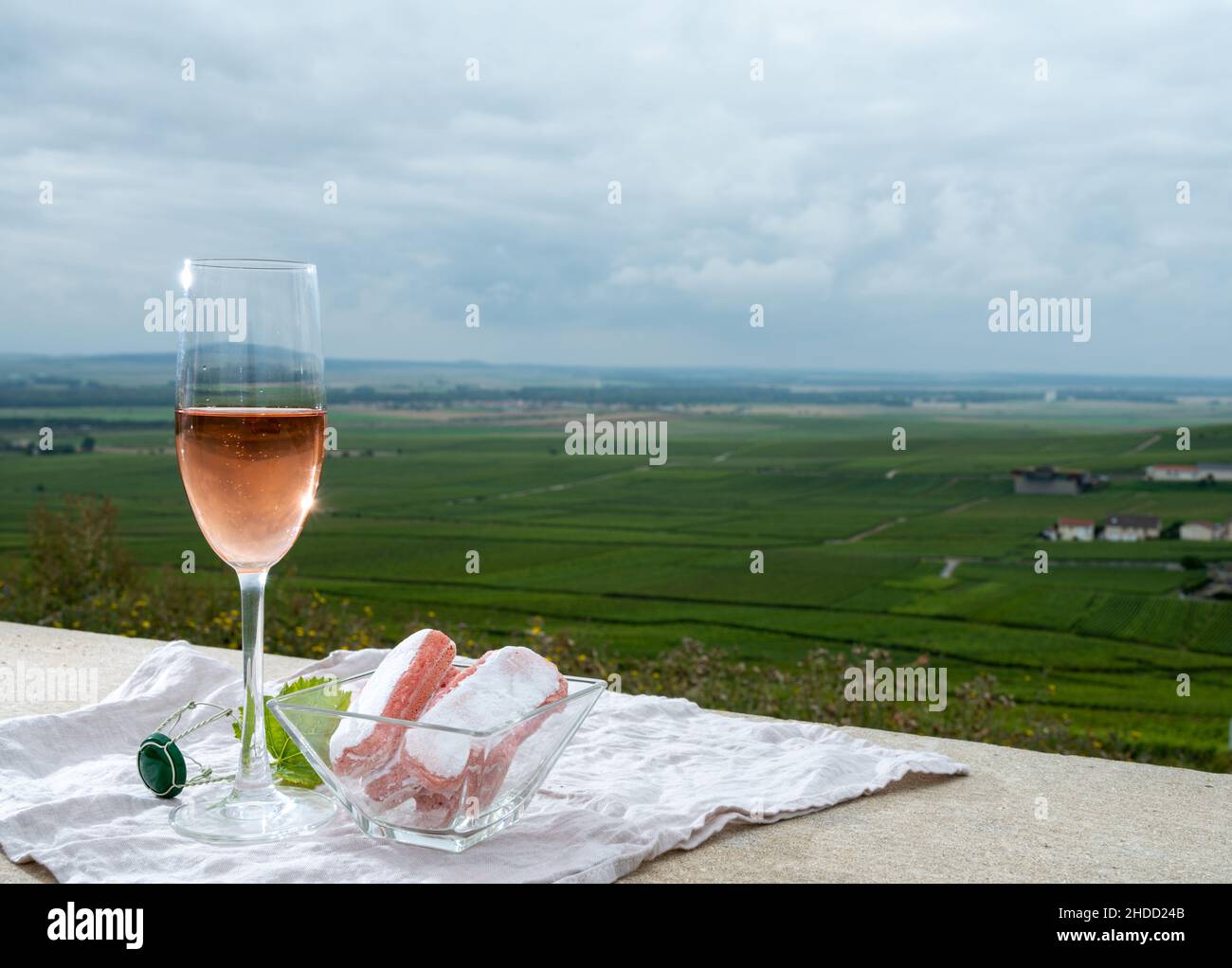 Symbols of Reims, rose brut champagne wine and rose biscuits and view ...