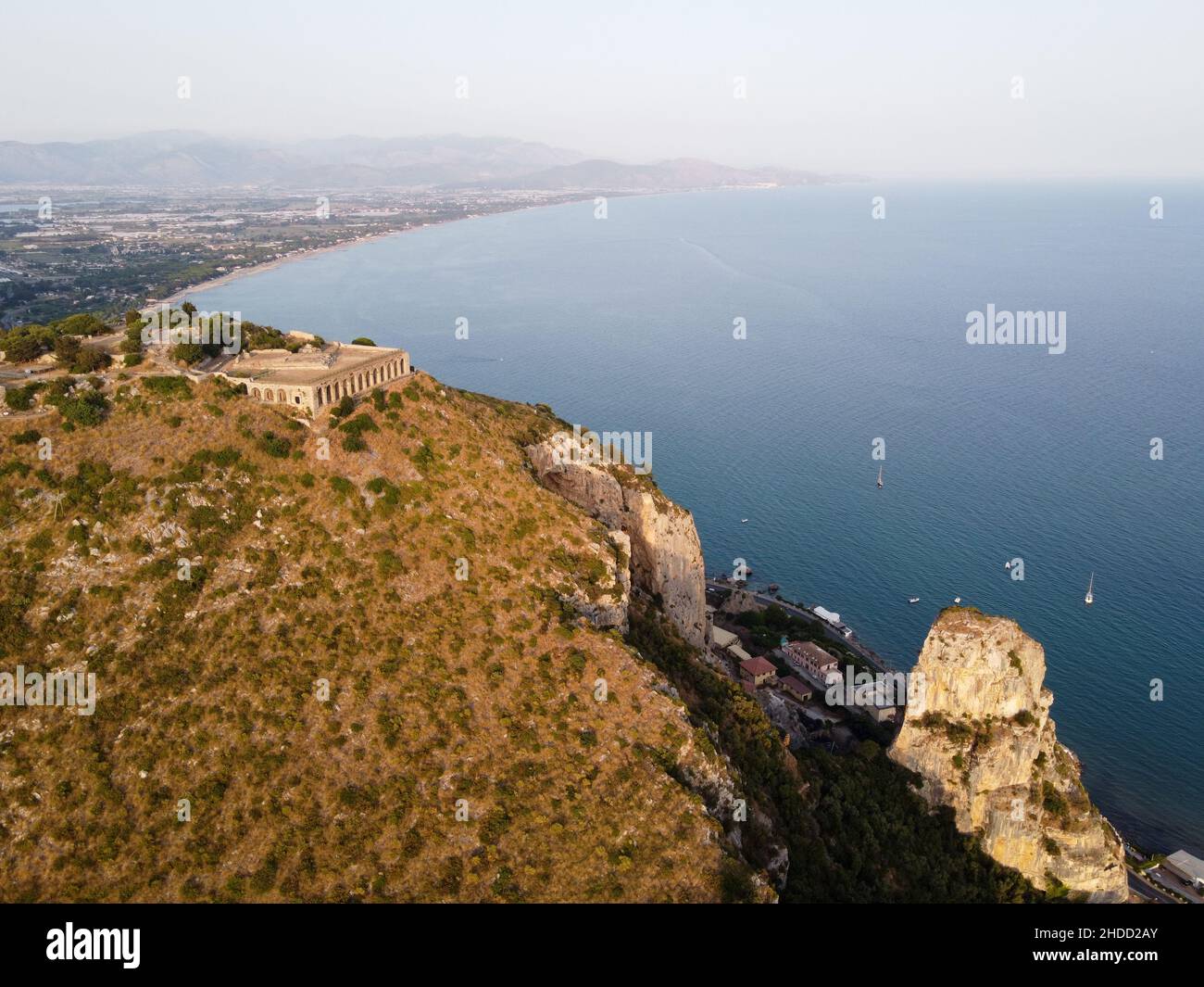 Aerial view on Terracina, mountains and Tyrrhenian Sea bay, ancient ...