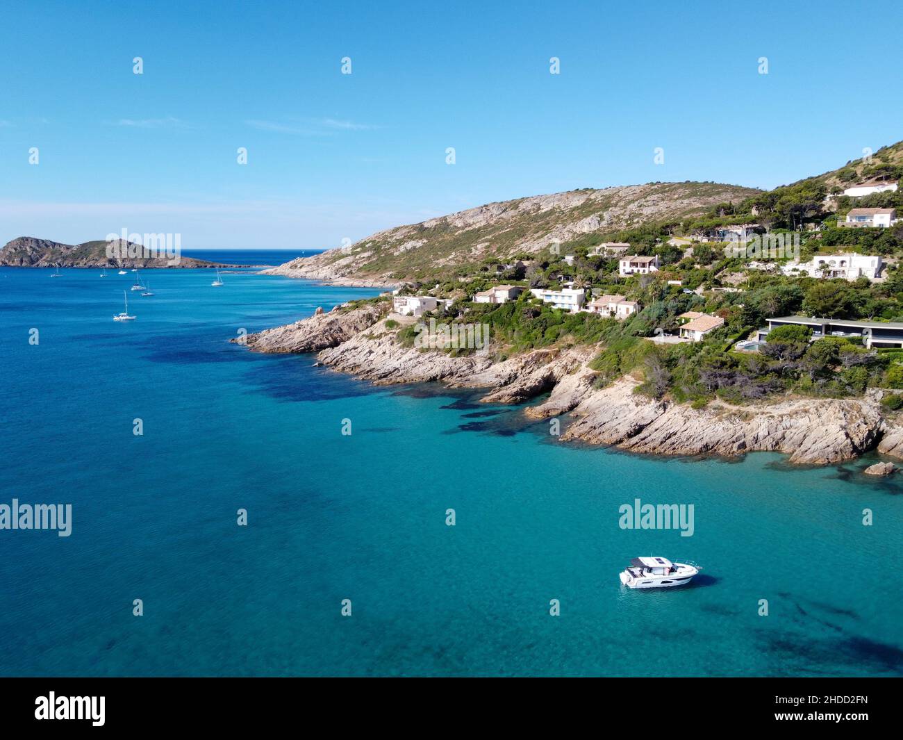 Summer holidays on French Riviera, aerial view on rocks and sandy beach ...