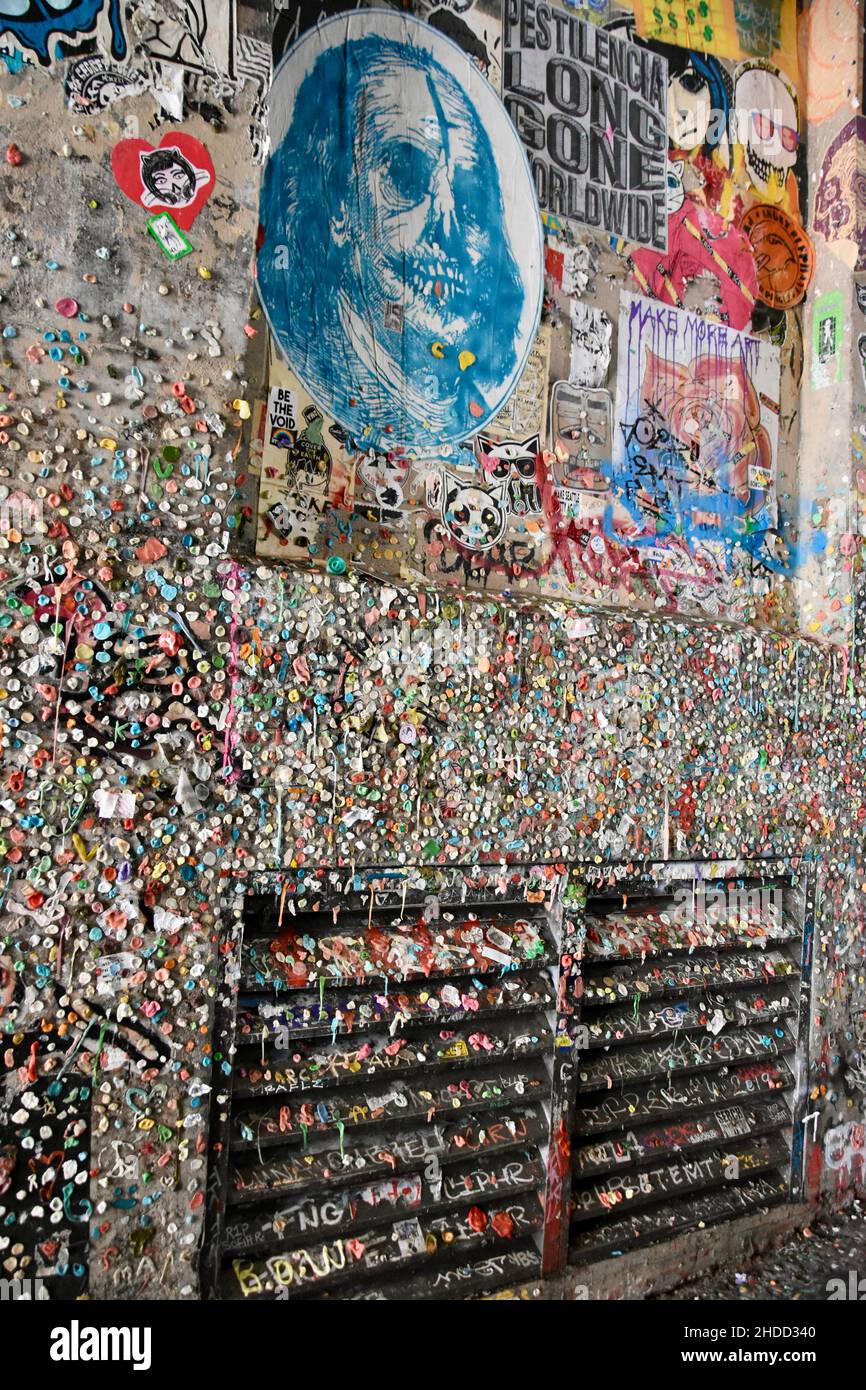Seattle's infamous Gum Wall along Post Alley at Pike Place Market ...