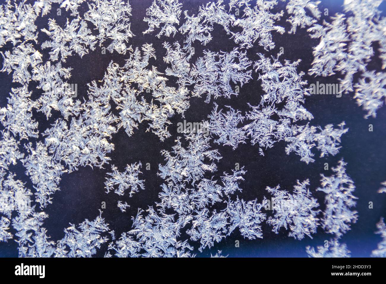 Natural frost pattern on glass window close up with dark background ...
