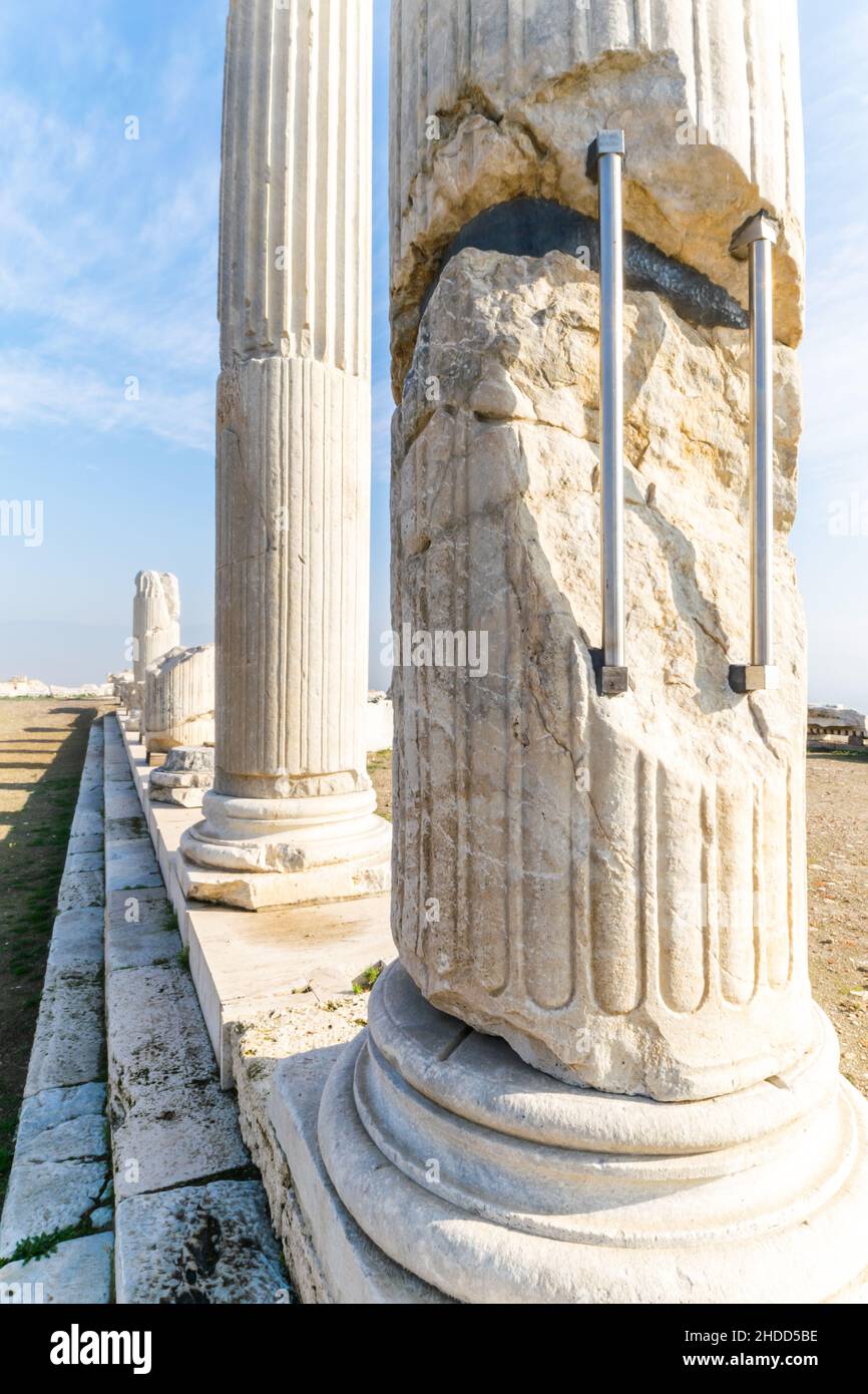 Metal bars supports the pillar in construction site of Laodicea in ...