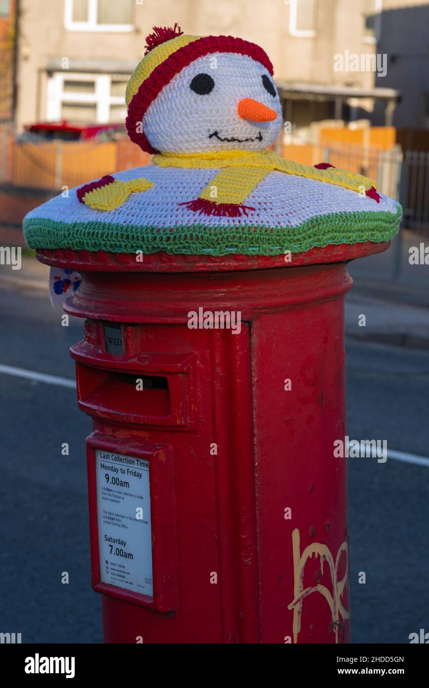 Red, postbox, post box, crocheted, Royal Mail, woolly hats, hand ...