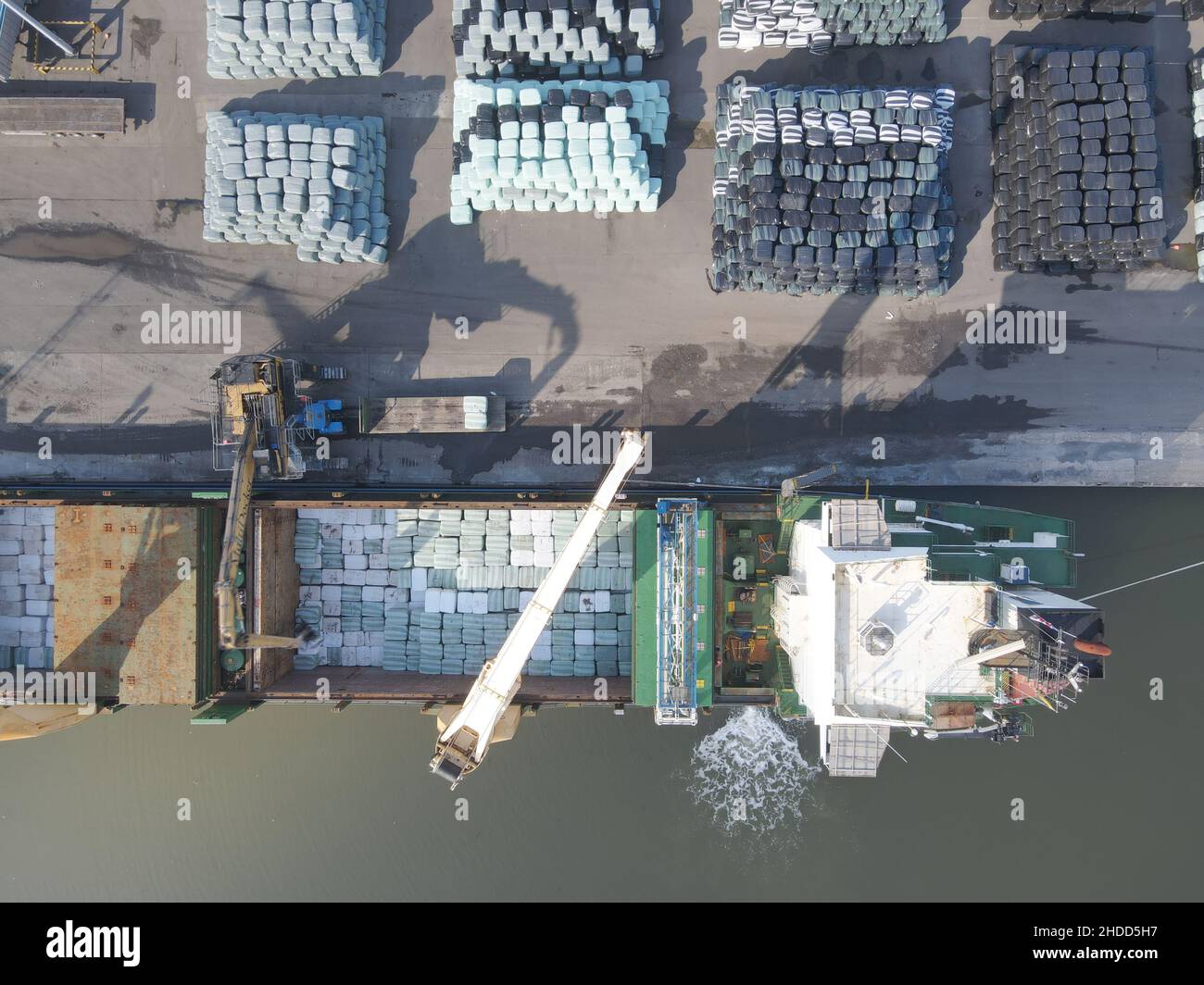 Overhead view of ships being loaded in Albert Dock, Hull Stock Photo ...
