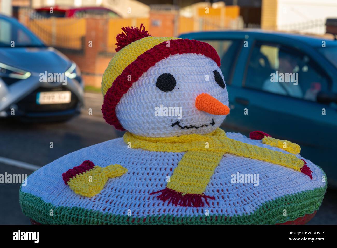 Red, postbox, post box, crocheted, Royal Mail, woolly hats, hand ...