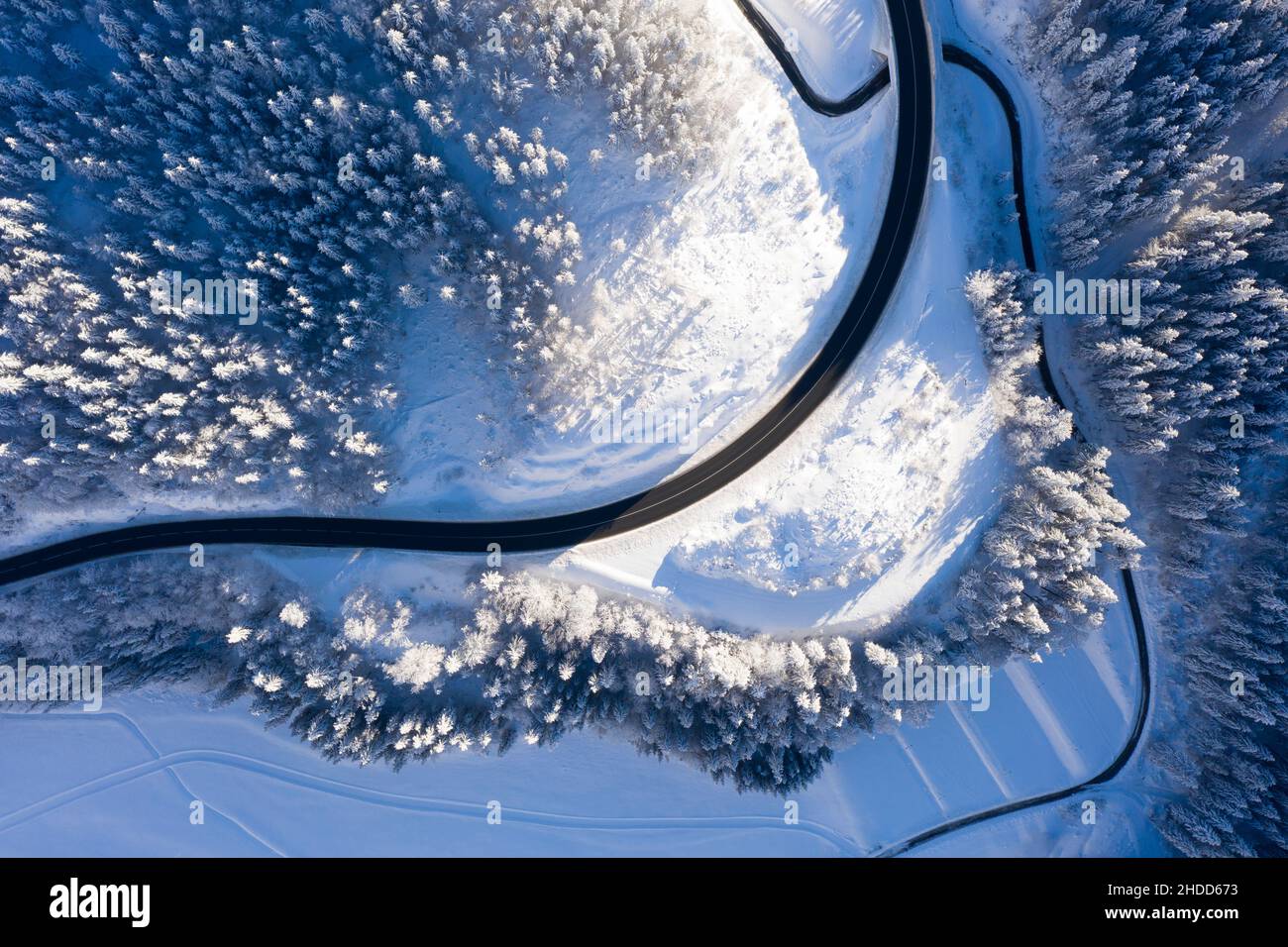 View from above on black road and path from above in white winter ...