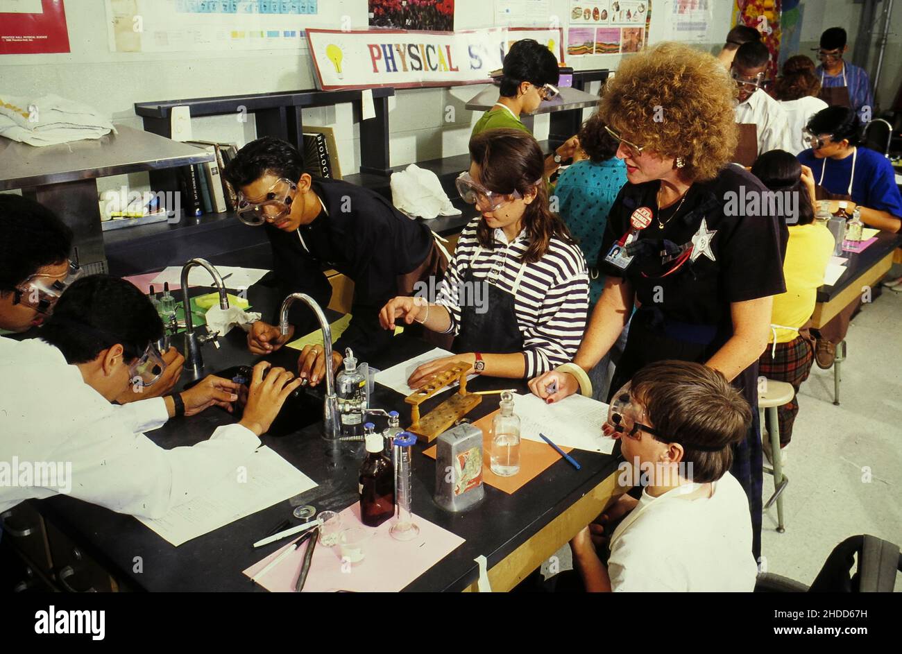Austin Texas USA,1990: Students conducting experiments during high ...